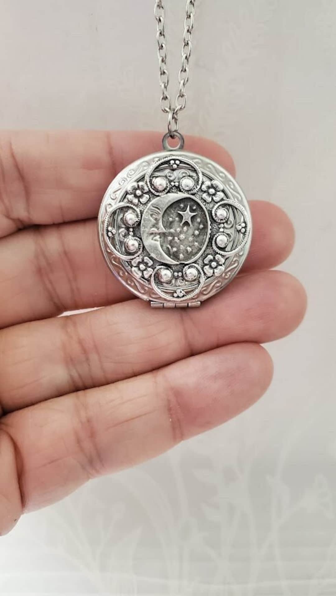 Star Moon Locket Necklace | Silver Celestial Pendant | Starry Night ...