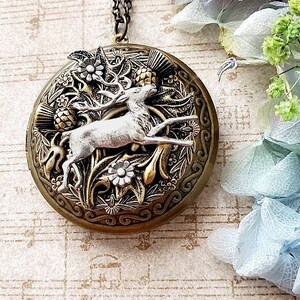 Large Locket Necklace Animal Deer Forest Thistle Flower Bronze Brass ...