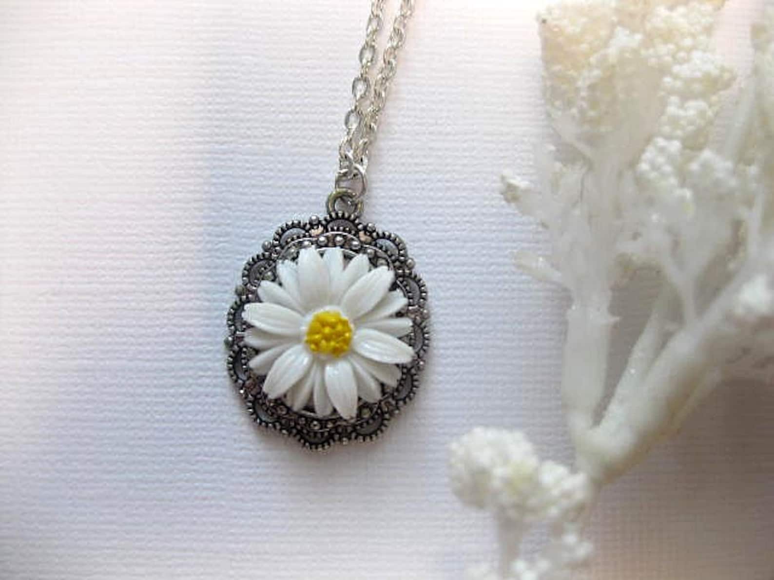 Daisy Flower Necklace Silver Pendant Floral Custom | Etsy