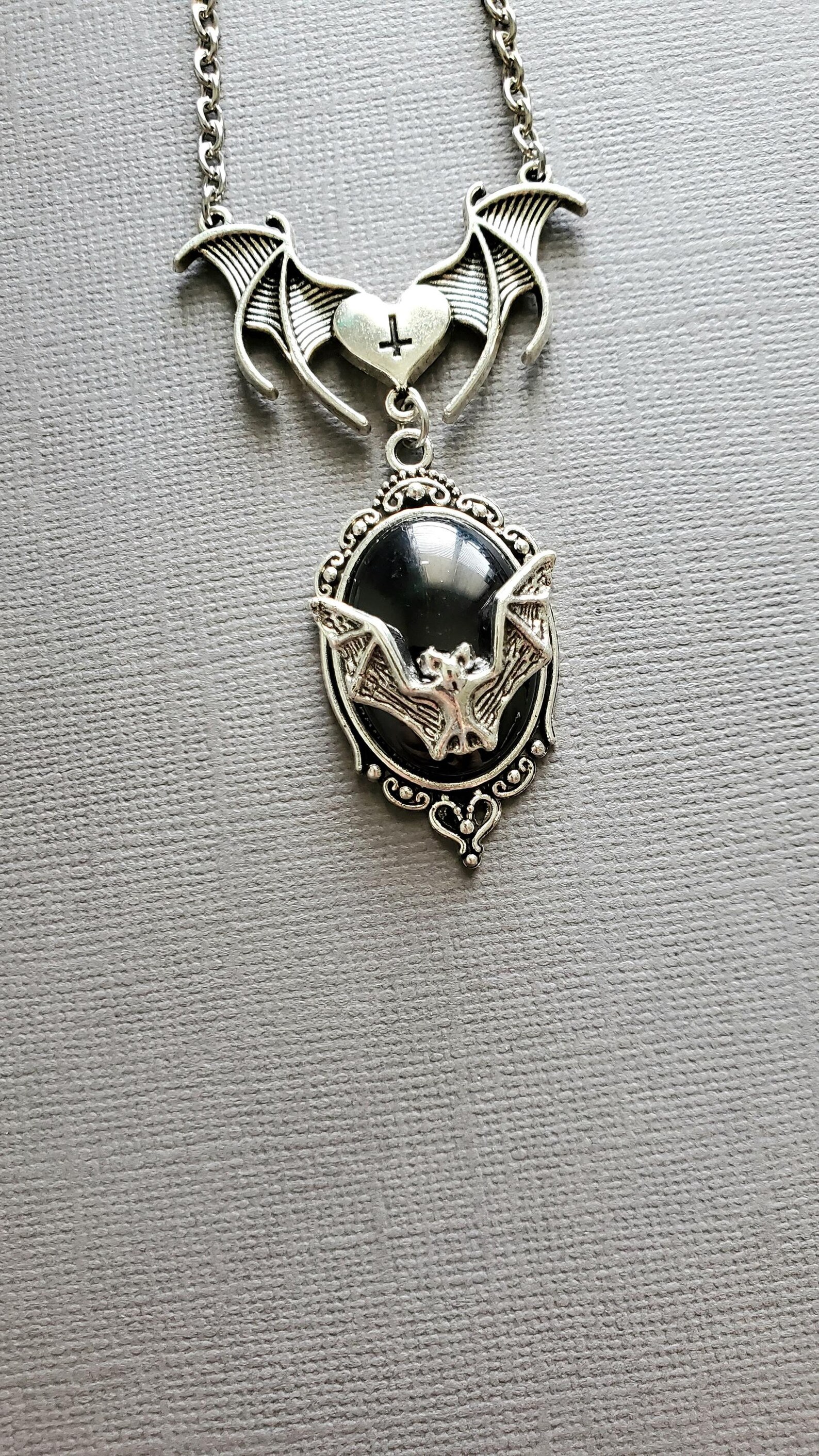 Gothic Necklace | Vampire Jewelry | Black Stone | Bat Pendant | Silver ...