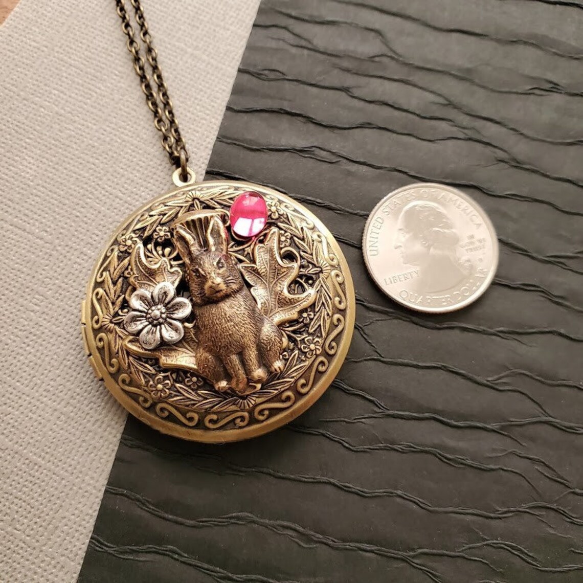 Pink Drop Bunny Rabbit Locket Large Pendant Brass Pill Box Treasure ...