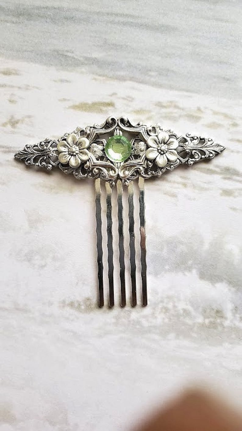 Silver Floral Decorative Hair Comb | Light Green Crystal Flower Hair ...