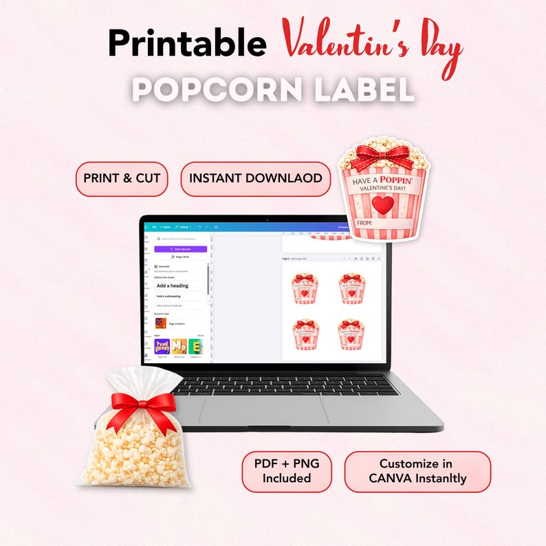 Popcorn Valentine Stickers, Editable Treat Tags (digital Download) - Etsy