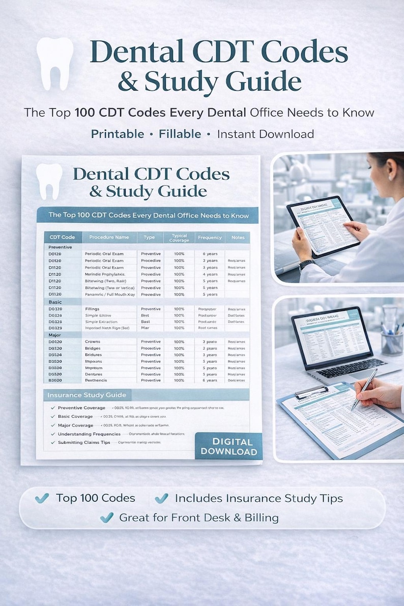 Dental CDT Codes Study Guide | Front Desk & Insurance (printable PDF ...