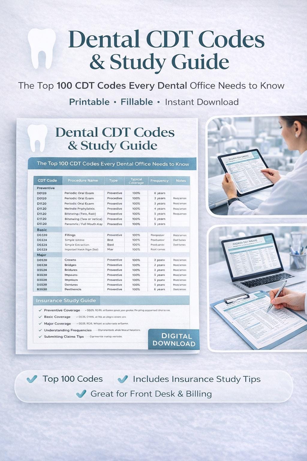Dental CDT Codes Study Guide | Front Desk & Insurance (printable PDF ...