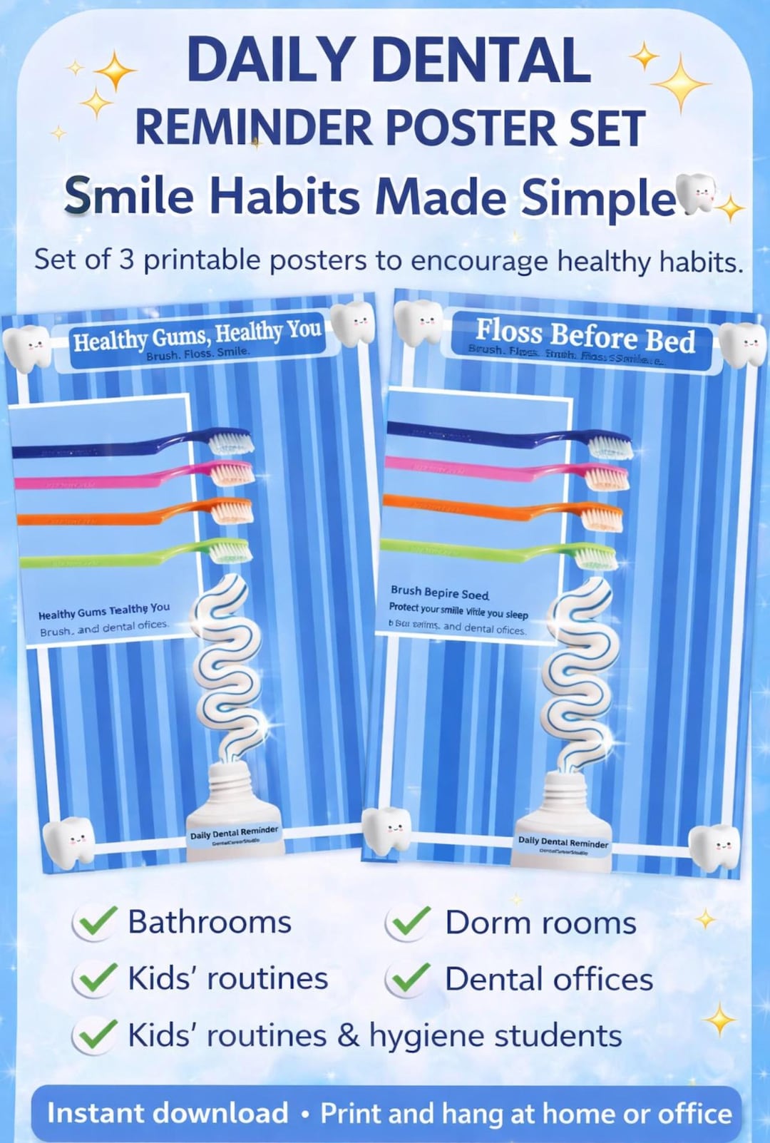 Kids Dental Health Poster Set | Brush, Floss, Healthy Gums (digital ...