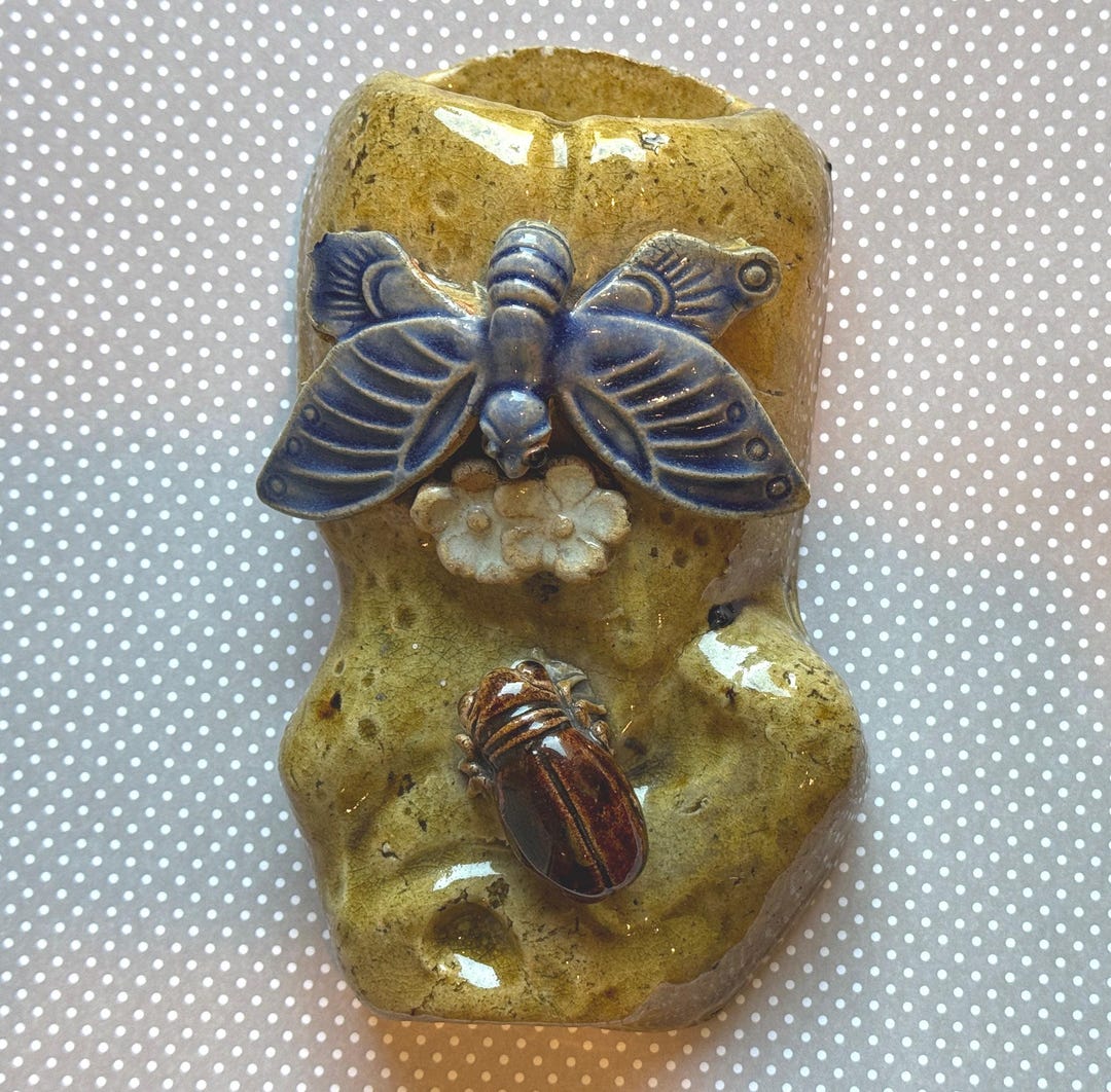 Antique Asian Majolica Pottery Wall Pocket Butterfly Beetle Bug With a ...