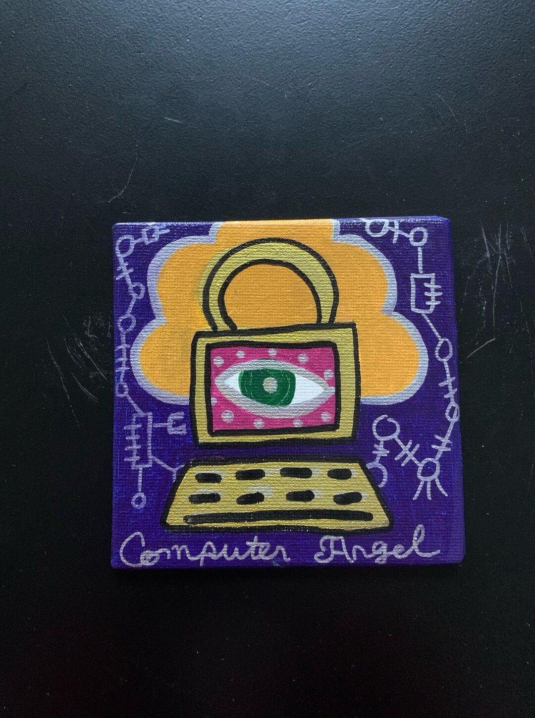 Computer Angel, 4x4 Mini Painting, Original Folk Art Painting, Becca ...