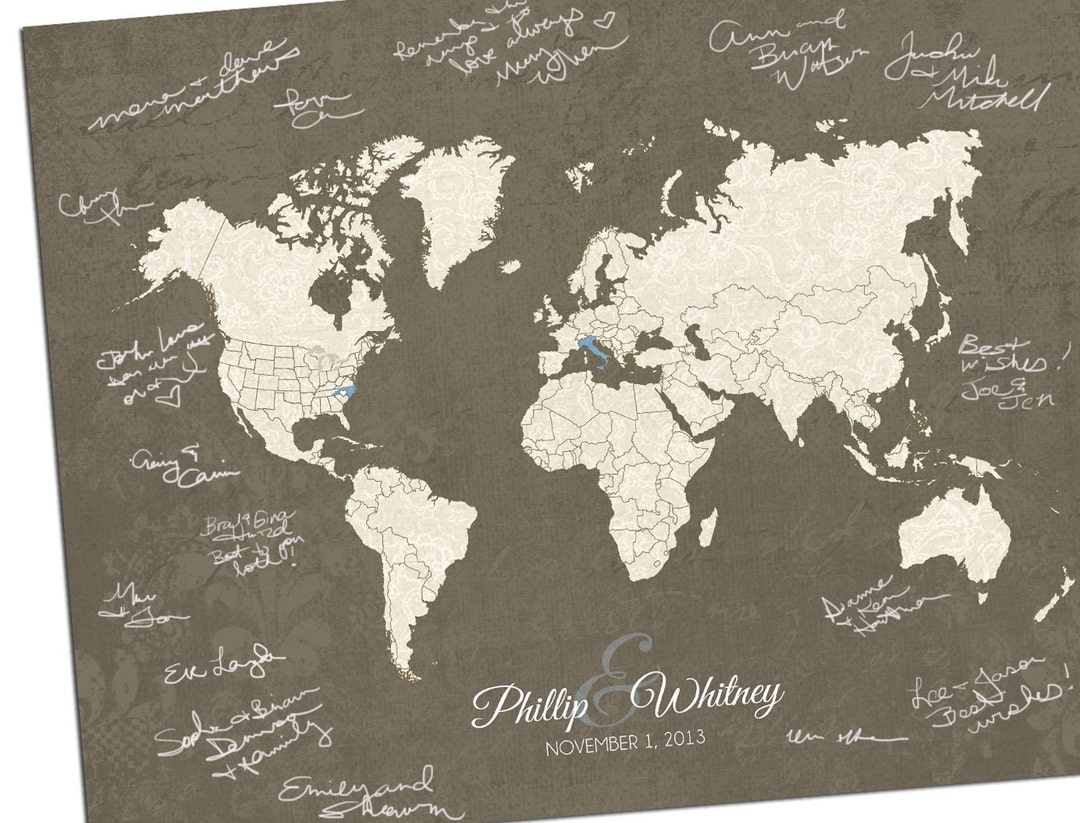 Custom World Map, Custom Map Gift, Personalized Map, Wedding Guest Book ...