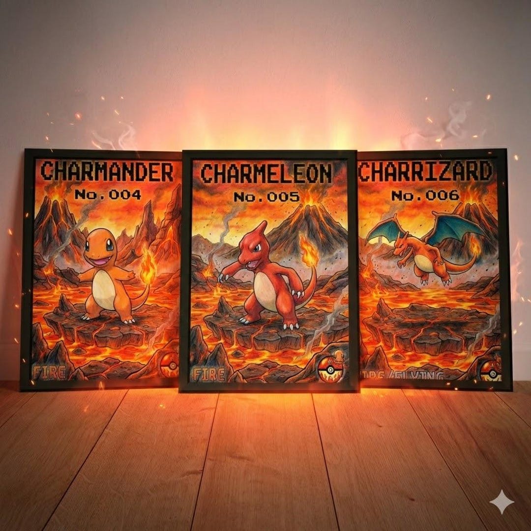 Charizard Charmeleon Charmander | 3 Piece Fire Evolution Prints ...