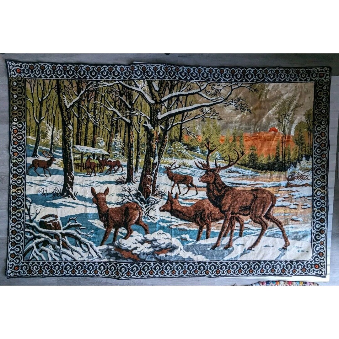 Vintage Deer Stag Elk Winter Rug 6ft X 4ft Colorful Wall Tapestry Italy ...
