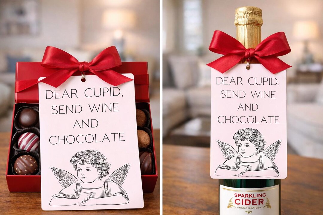 Valentine Tag- Dear Cupid Send Wine and Chocolate - Etsy