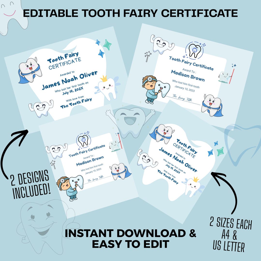 Editable Tooth Fairy Certificate | Lost Tooth Award (2 Designs, Digital ...