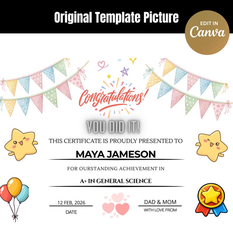 Editable Kids Award Certificate PDF , Personalized School Achievement ...