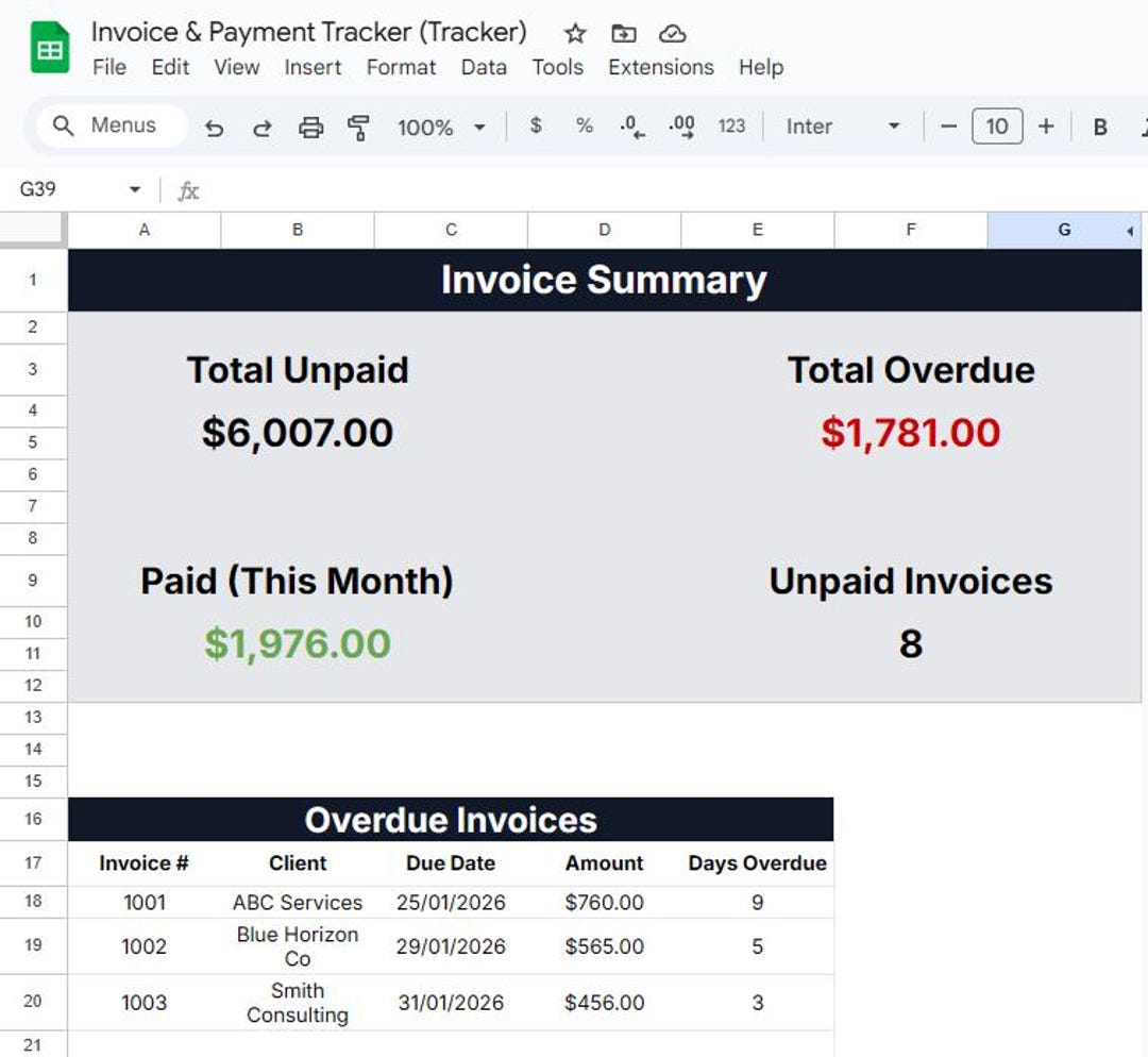Invoice & Payment Tracker | Google Sheets Template for Small Business ...