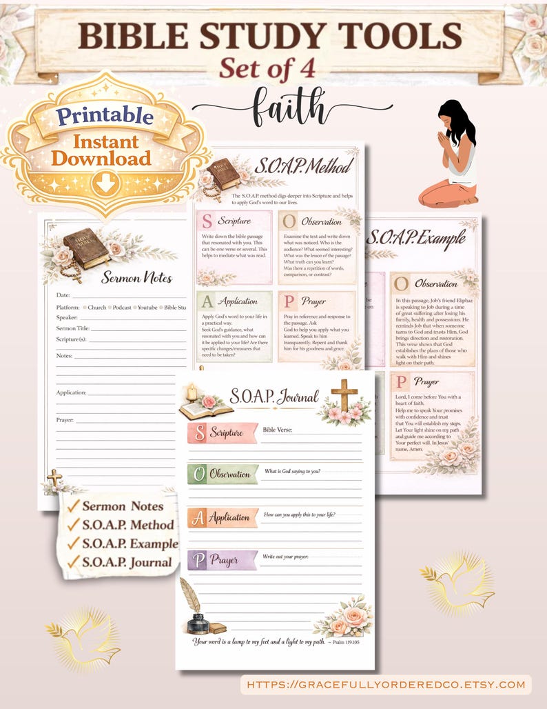 Bible Study Christian Printable Bundle | SOAP Method Printable | Sermon ...