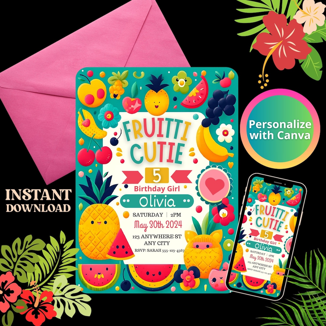 Cutie Frutti Birthday Party Invitation Editable Canva Template Invite Instant Digital ...