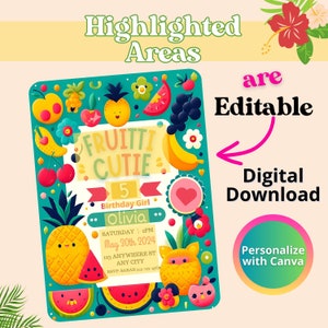Cutie Frutti Birthday Party Invitation Editable Canva Template Invite Instant Digital ...