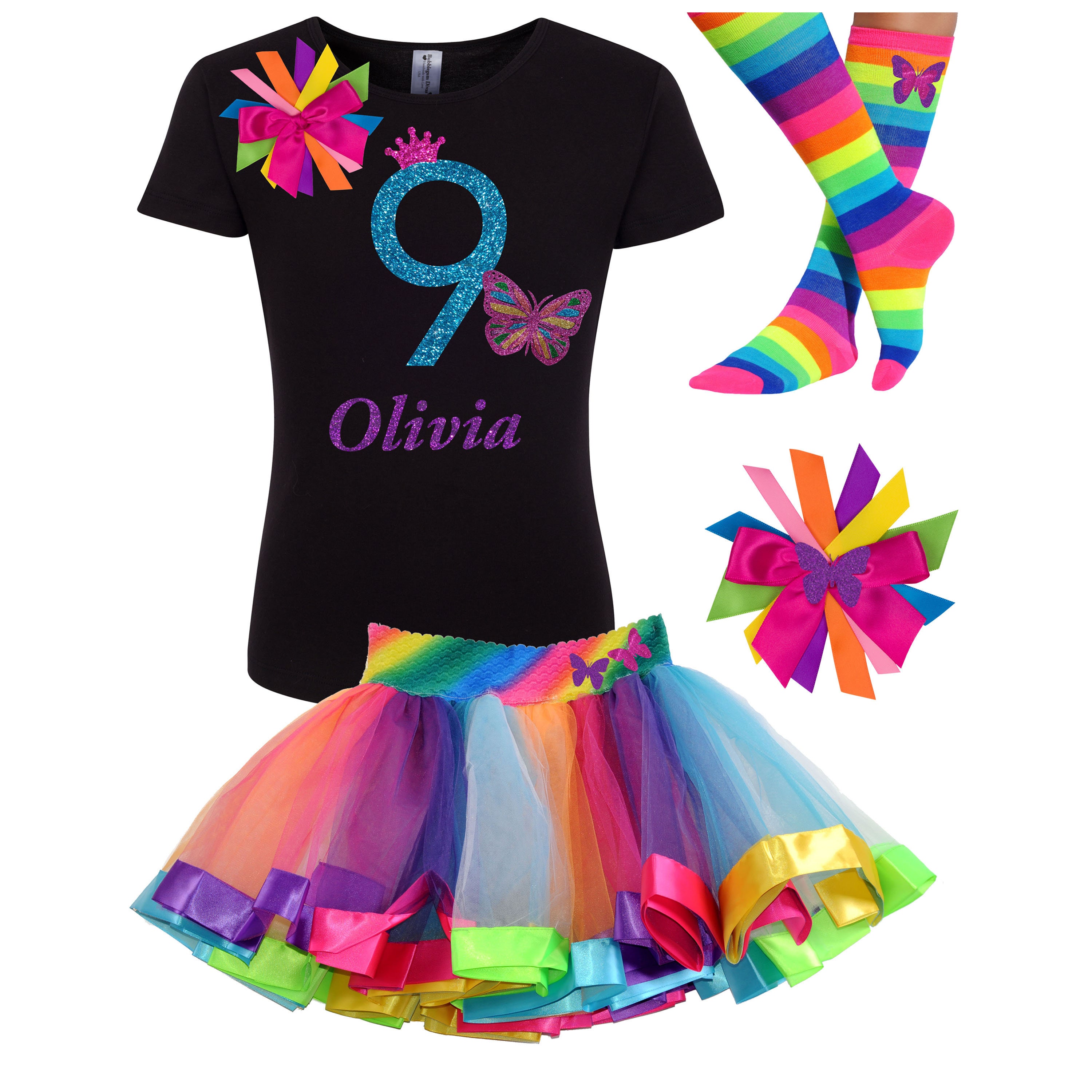 9th Birthday Shirt Rainbow Tutu Outfit Monarch Butterfly Hair Bow ...
