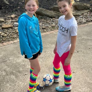 Girls Soccer Socks Rainbow Knee High Socks Black White Soccer Ball Team ...