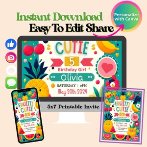 Cutie Frutti Birthday Party Invitation Editable Canva Template Invite Instant Digital ...