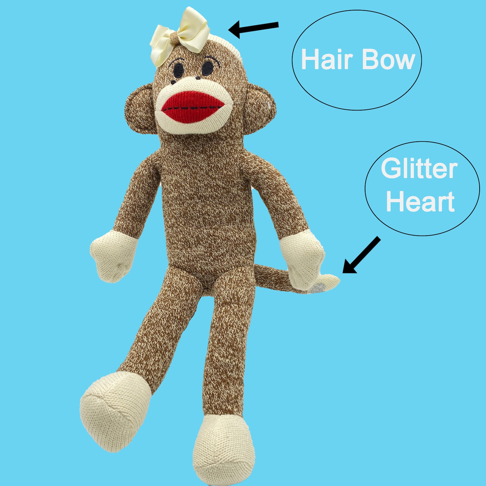 Sock Monkey Doll Soft Monkey Toy Gold Hair Bow Brown Stuffed Animal ...