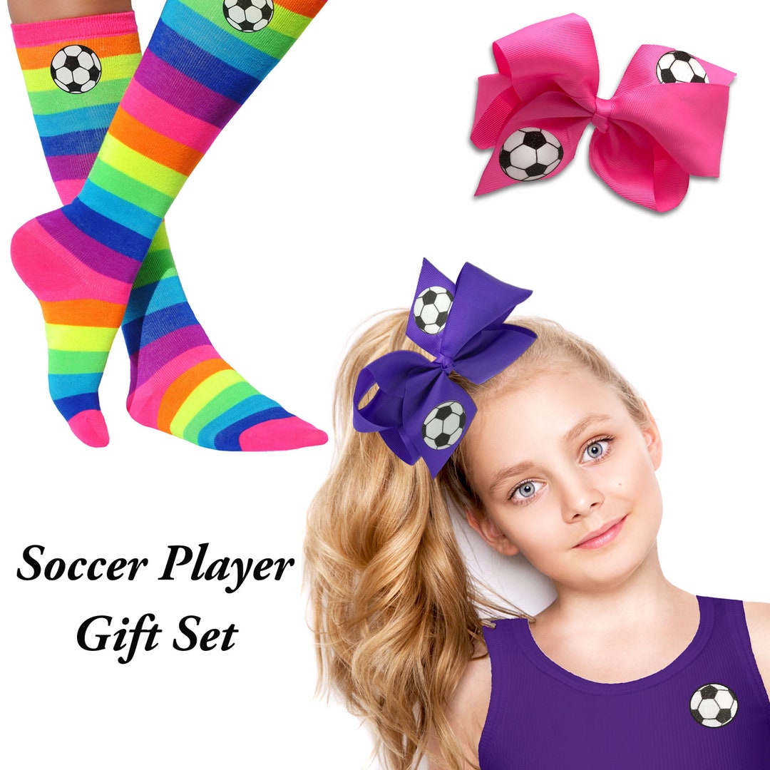 Girls Soccer Socks Rainbow Knee High Socks Black White Soccer Ball Team ...