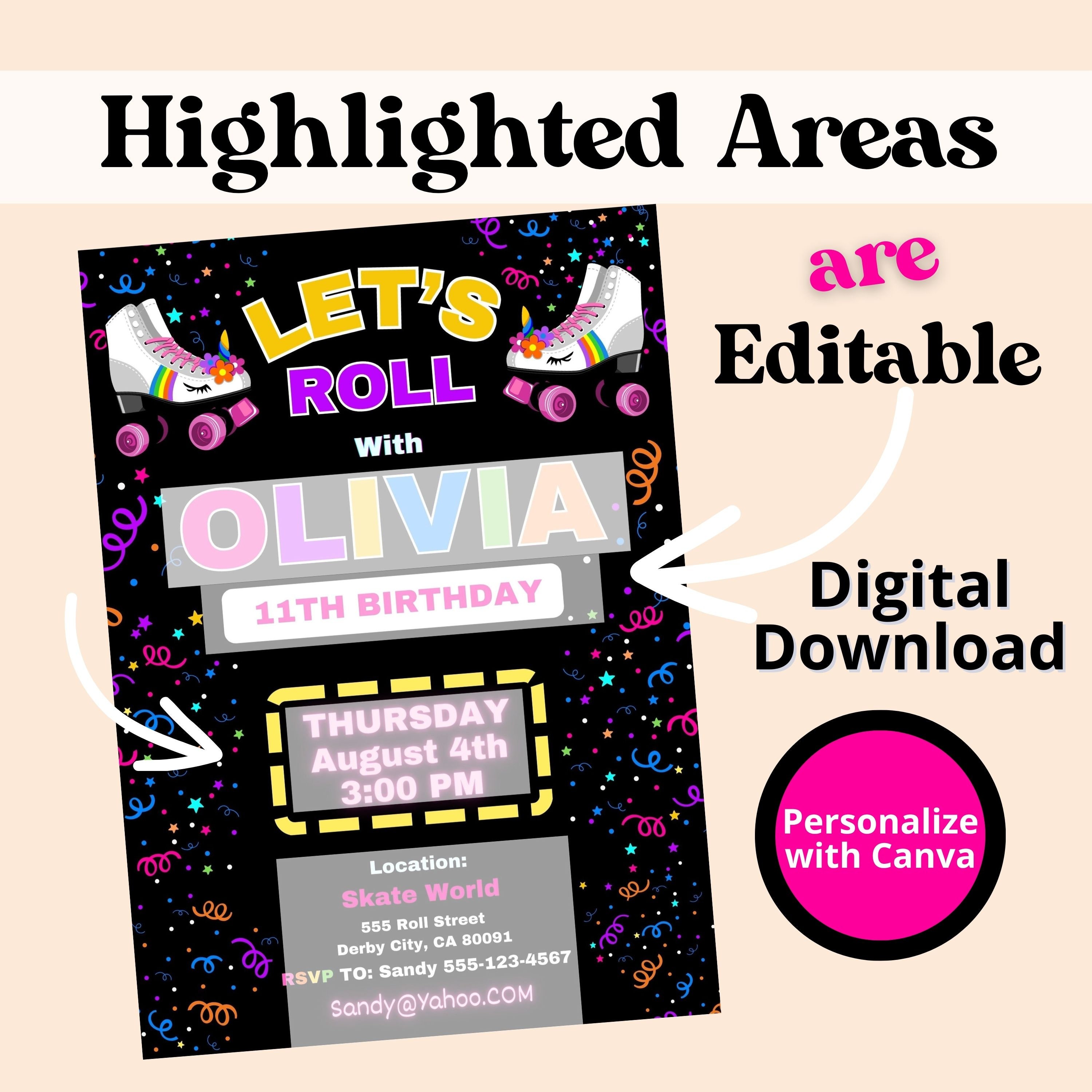 Roller Skate Glow Skating Rink Party Invite Roller Derby Editable ...