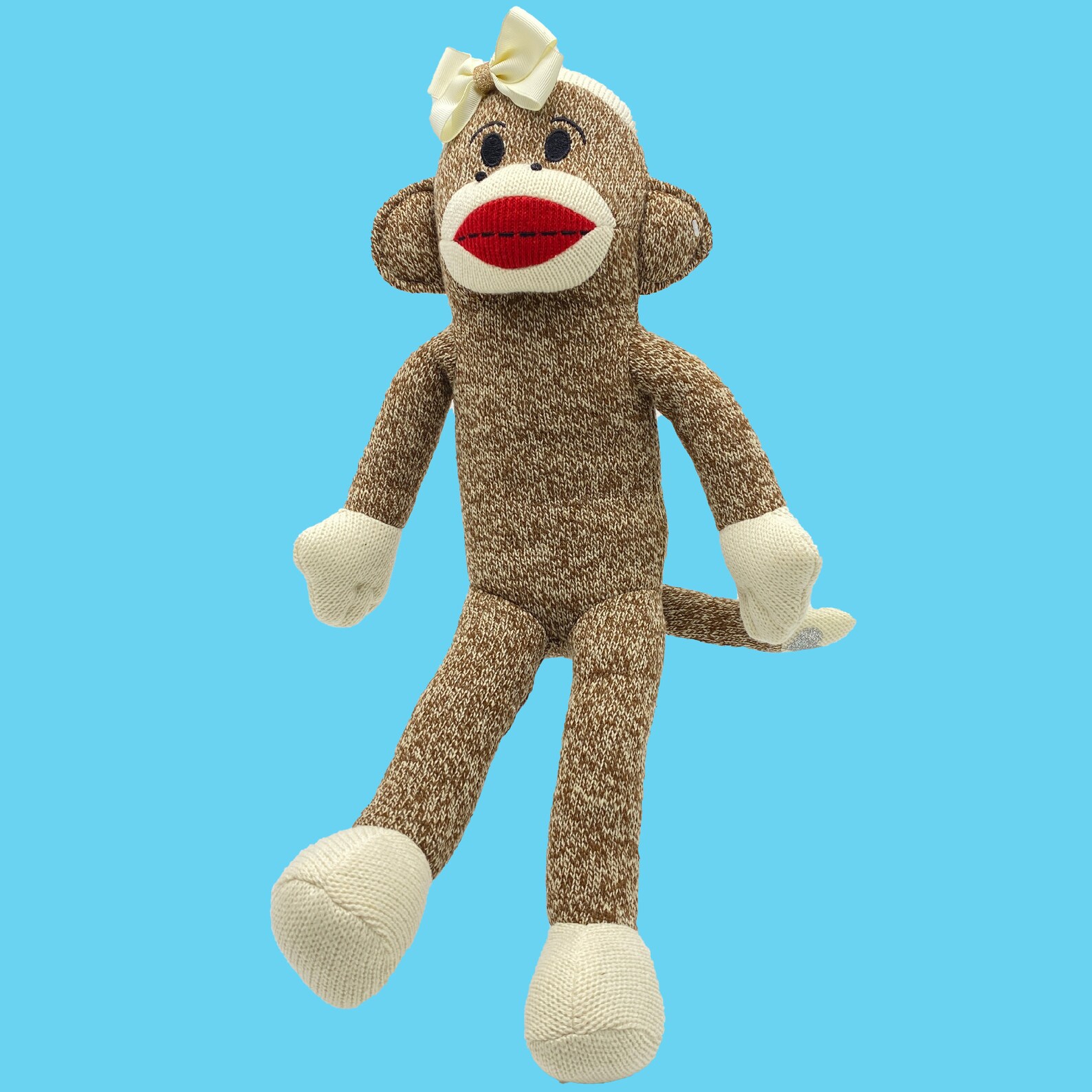 Sock Monkey Doll Soft Monkey Toy Gold Hair Bow Brown Stuffed Animal ...