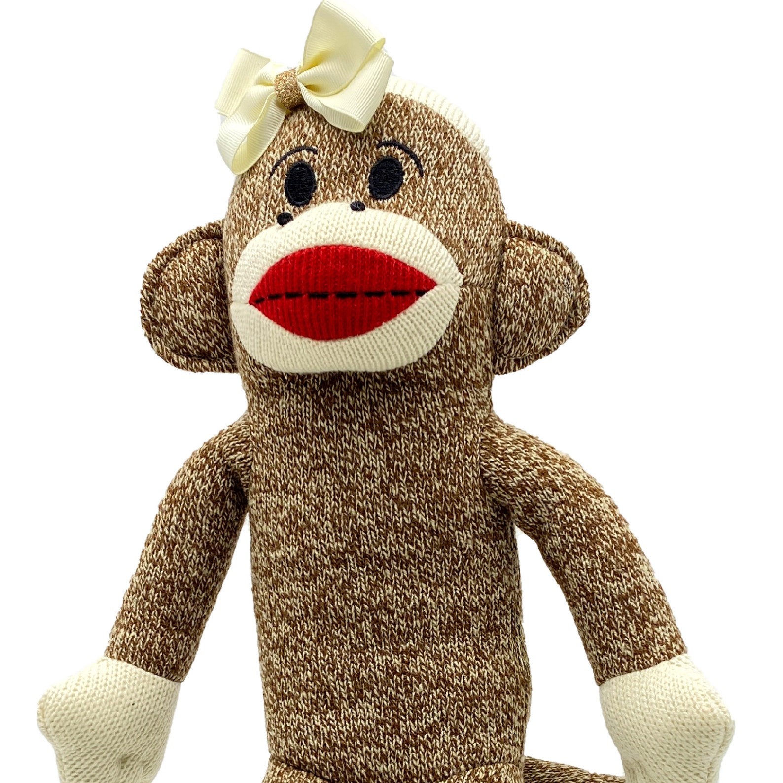 Sock Monkey Doll Soft Monkey Toy Gold Hair Bow Brown Stuffed Animal ...