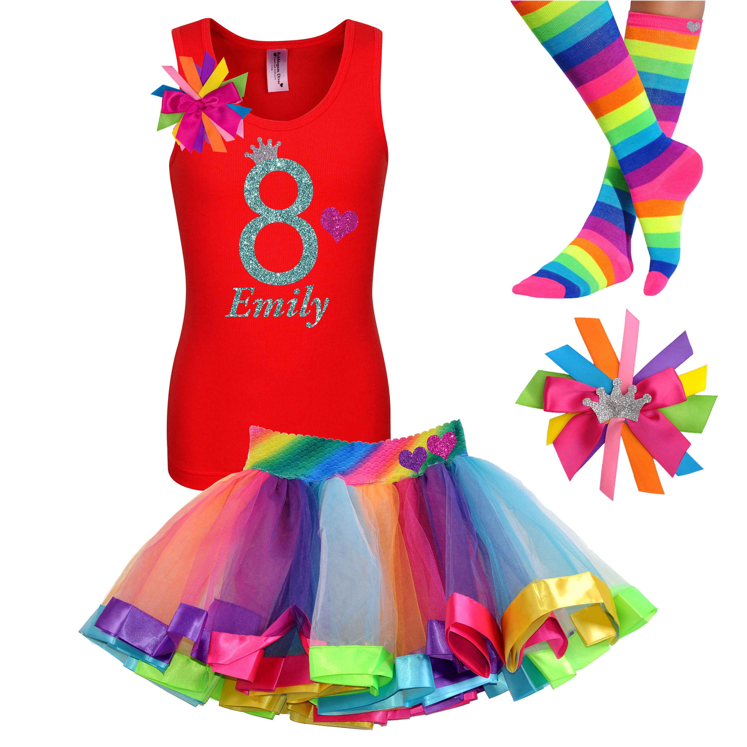 Girls 8th Birthday Outfit Rainbow Knee Socks Rainbow Hair Bow Black ...