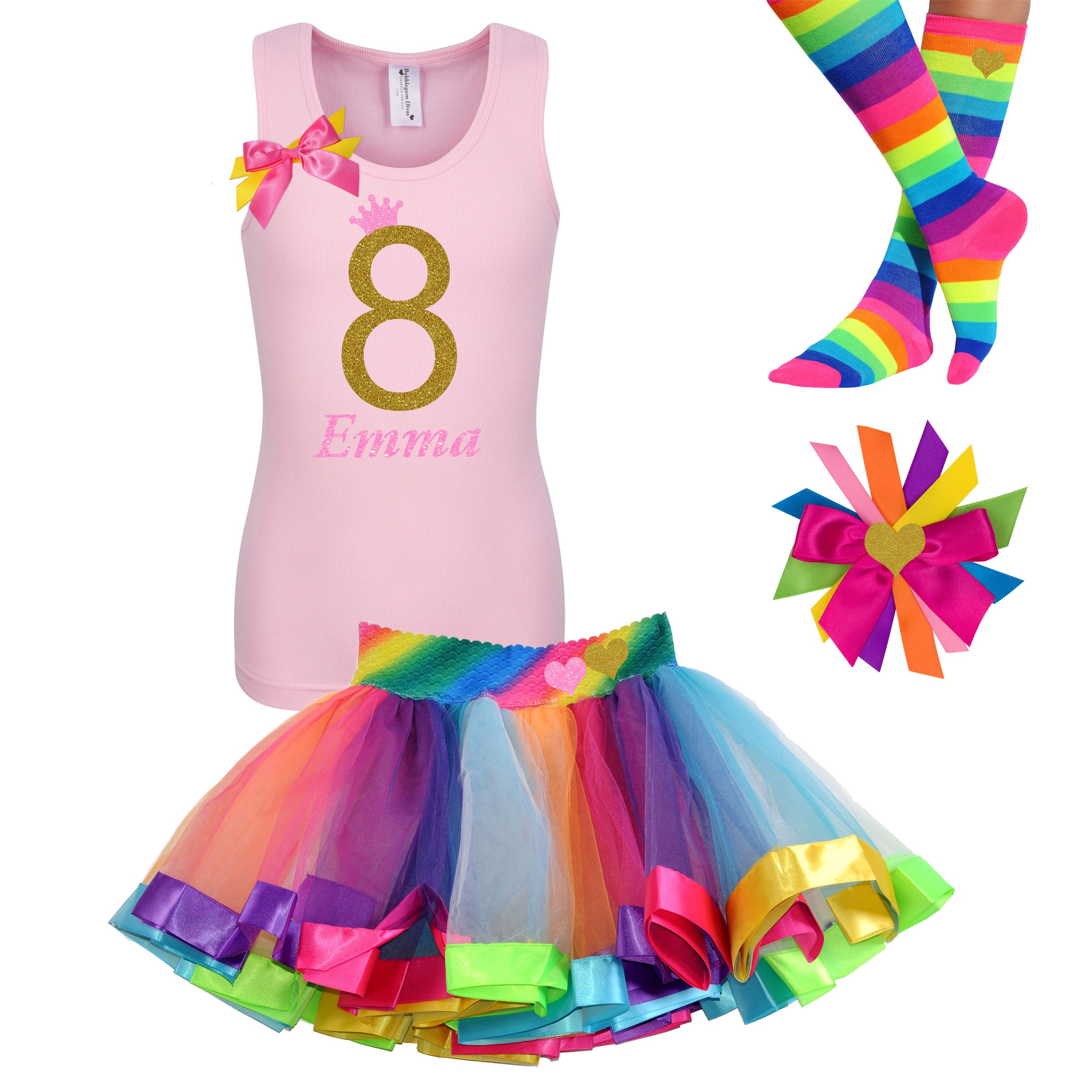 8th Birthday Shirt Pink Gold Rainbow Tutu Hair Bow Glow Party Outfit ...