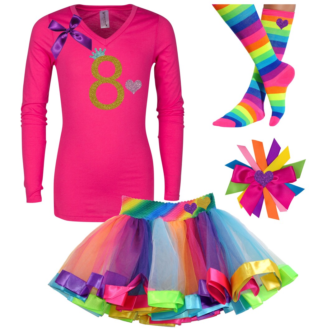 8th Birthday Girl Outfit: Glitter Number Shirt, Rainbow Tutu ...
