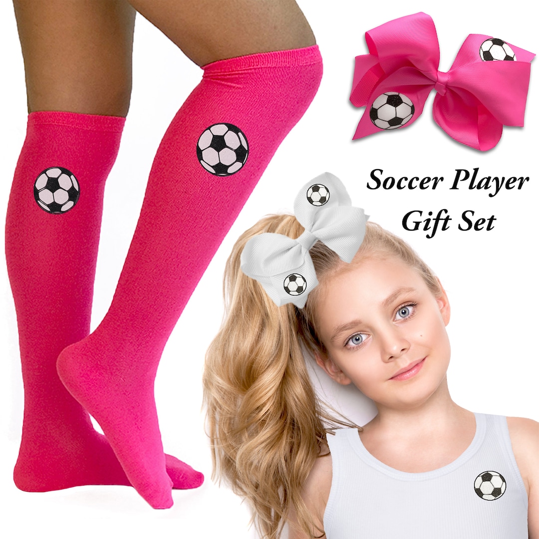 Girls Pink Soccer Knee High Socks Fun Black White Football Team Player ...