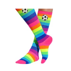 Girls Soccer Socks Rainbow Knee High Socks Soccer Hair Bow Black White ...