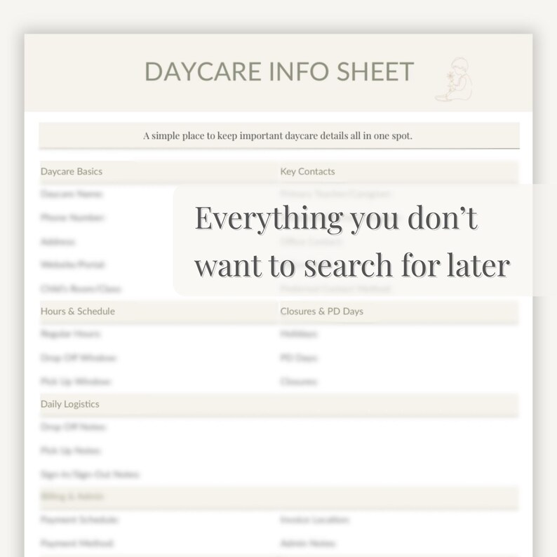 Daycare Info Sheet | Printable and Fillable Daycare Reference for ...