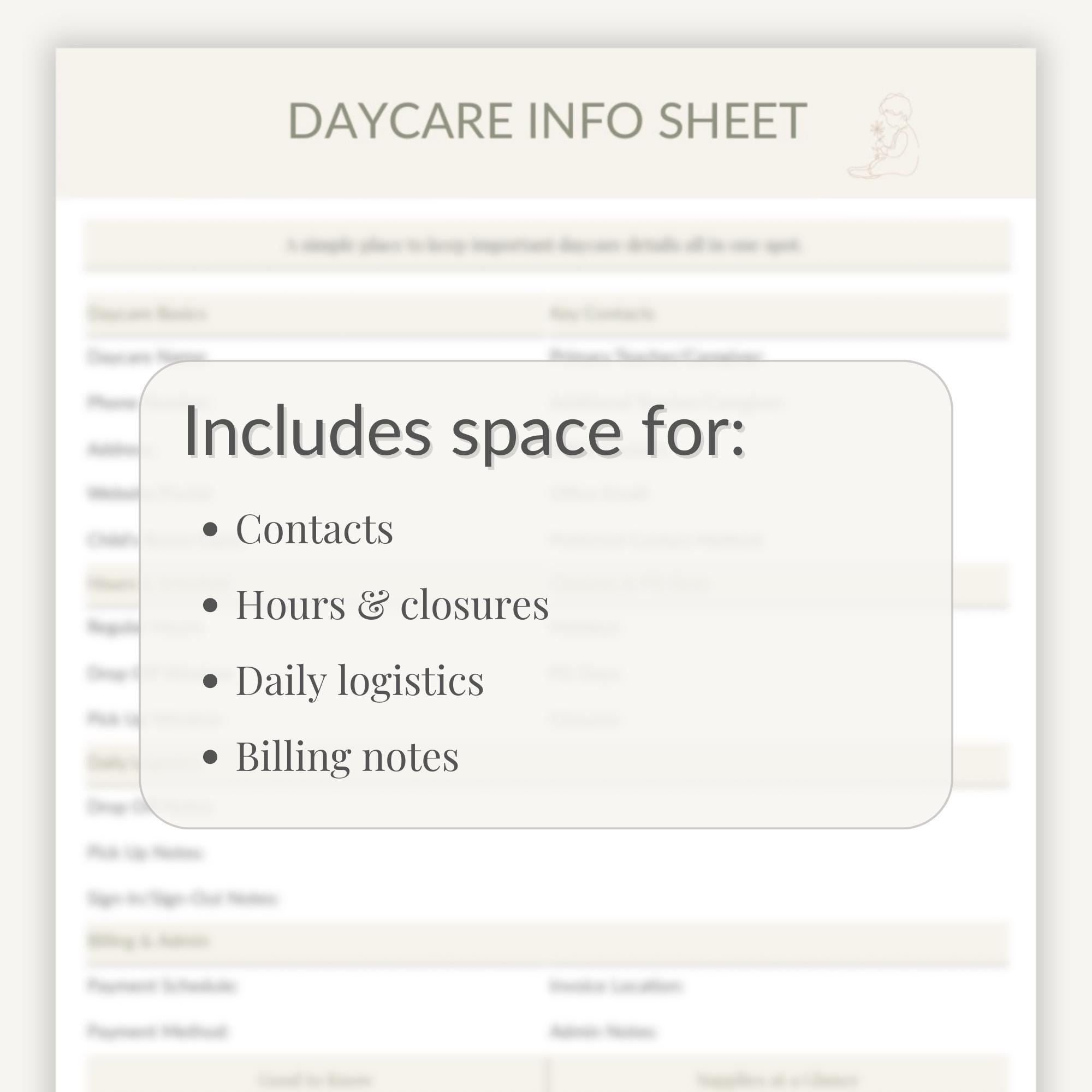 Daycare Info Sheet | Printable and Fillable Daycare Reference for ...