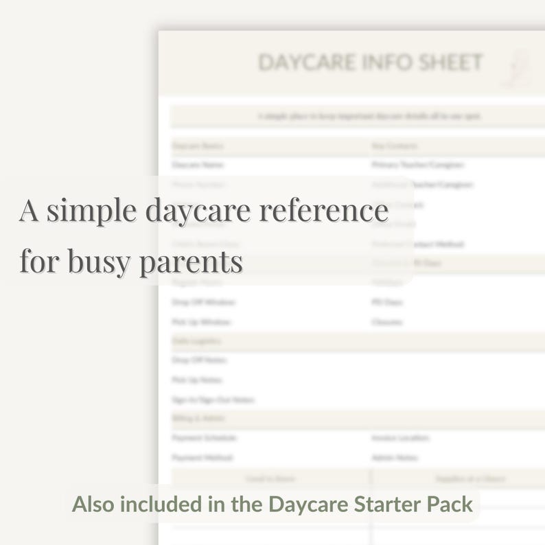 Daycare Info Sheet | Printable and Fillable Daycare Reference for ...