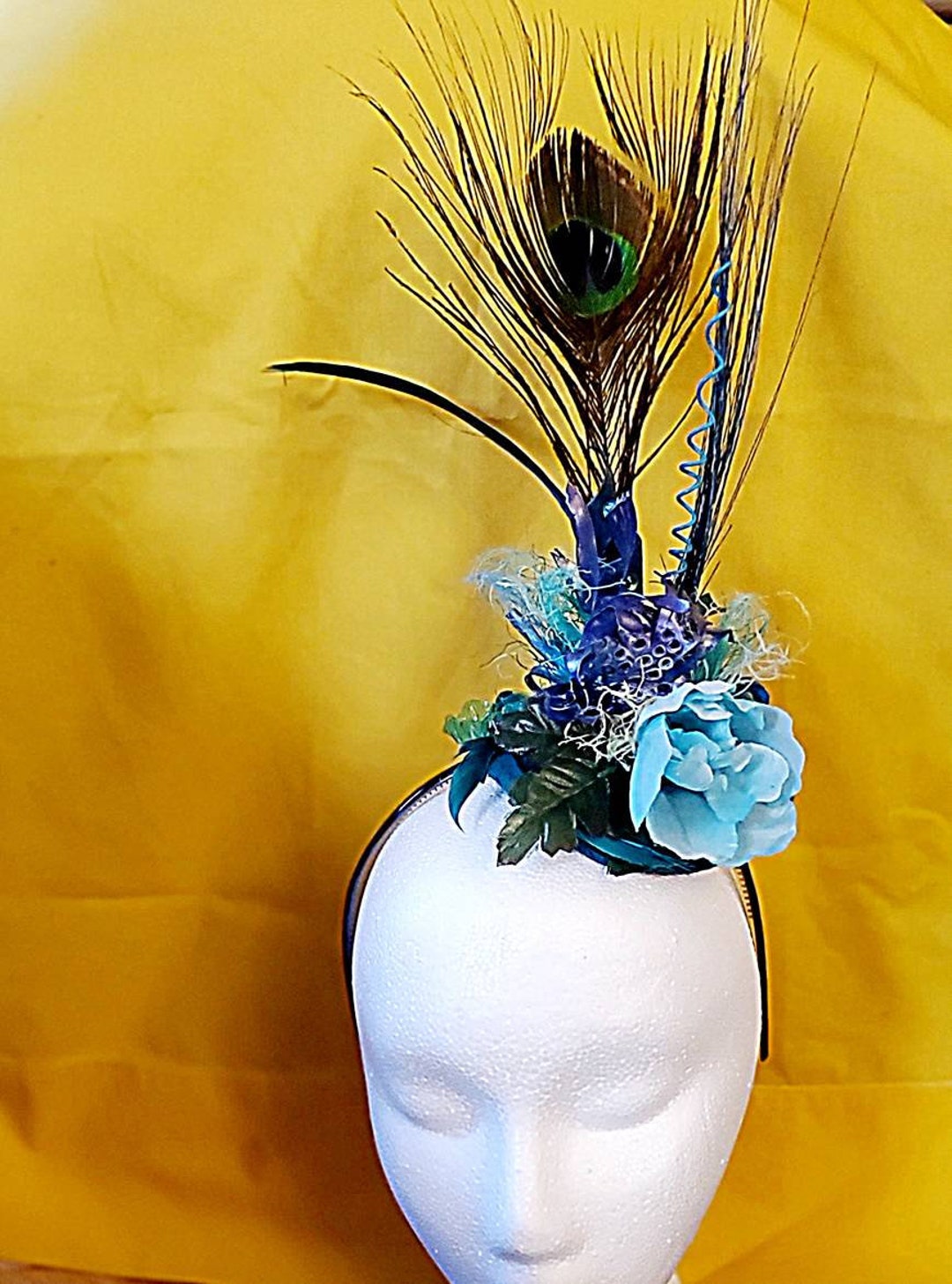 Fascinator Mini Hat With Peacock and Peahen Feathers Hues of Turquoise ...