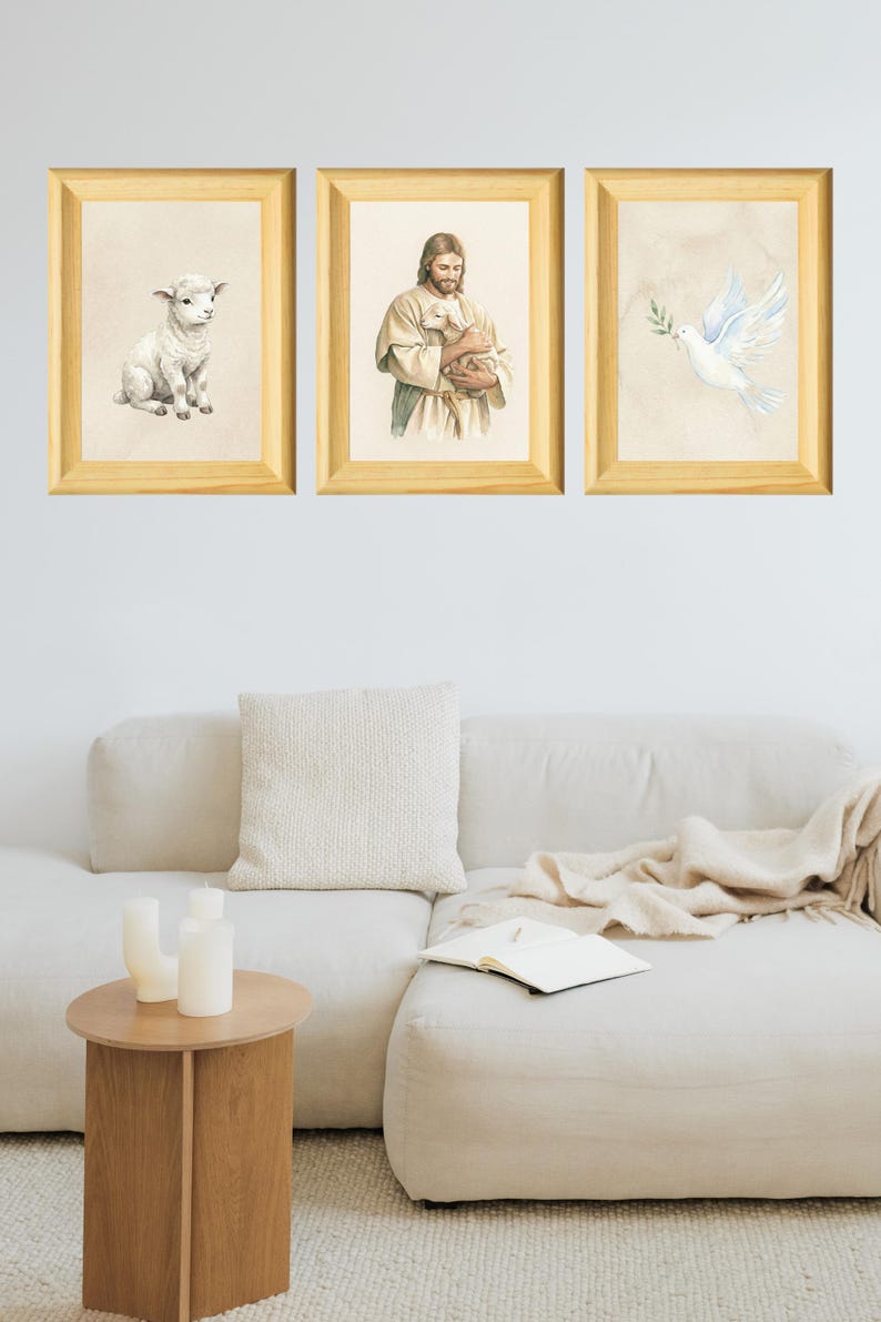 Jesus Good Shepherd Nursery Set of 3, Watercolor Lamb and Dove Wall Art ...