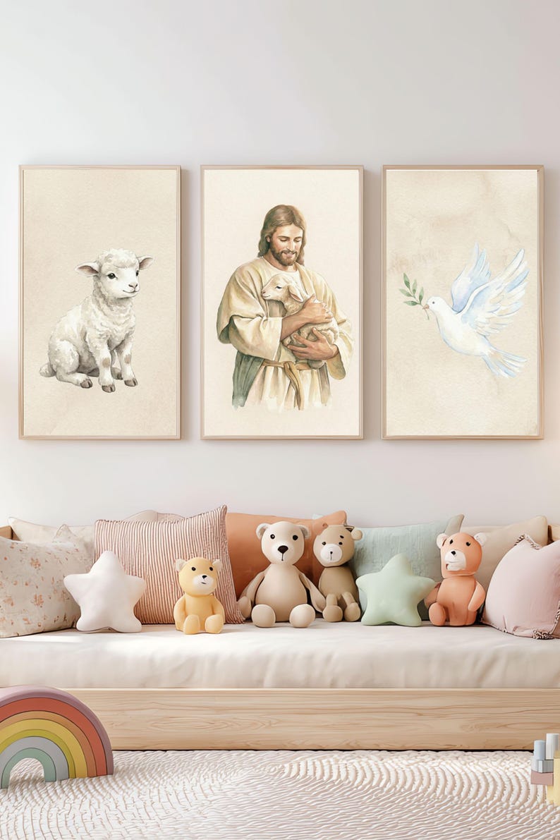 Jesus Good Shepherd Nursery Set of 3, Watercolor Lamb and Dove Wall Art ...