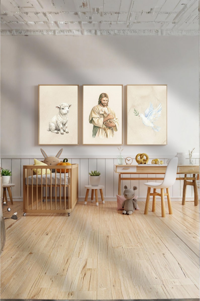 Jesus Good Shepherd Nursery Set of 3, Watercolor Lamb and Dove Wall Art ...