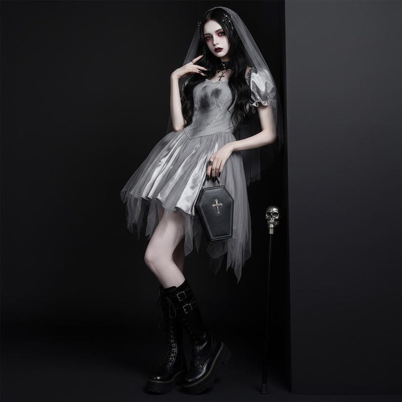 Gothic Bride Costume Dress, Zombie Corpse Bride Mini Dress With Veil ...