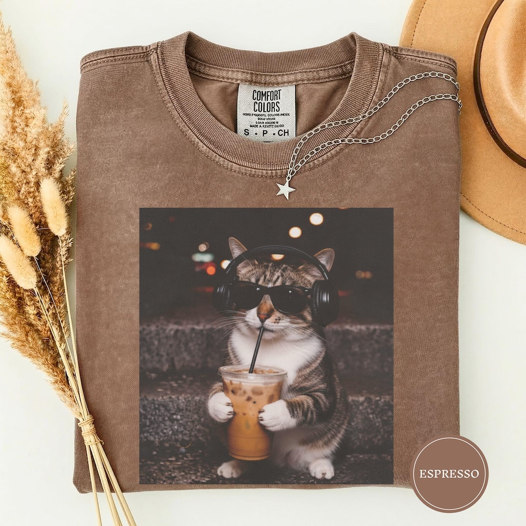 Funny Cat Drinking Iced Coffee Headphones Shirt, Cat Meme Graphic Tee ...