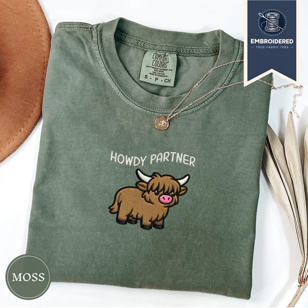 Howdy Partner Embroidered Highland Cow Shirt, Cute Western Farm Animal ...