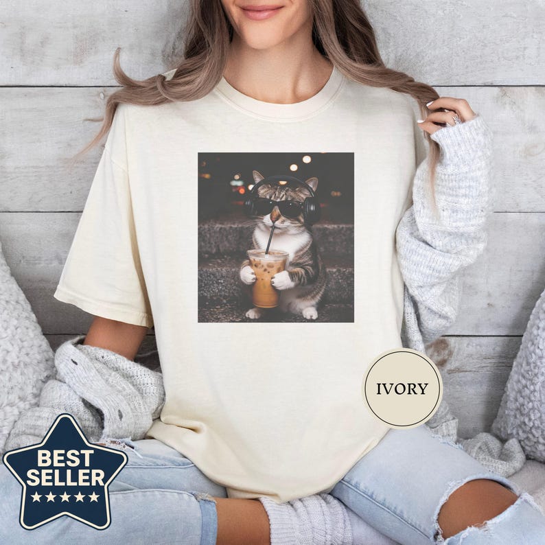 Funny Cat Drinking Iced Coffee Headphones Shirt, Cat Meme Graphic Tee ...