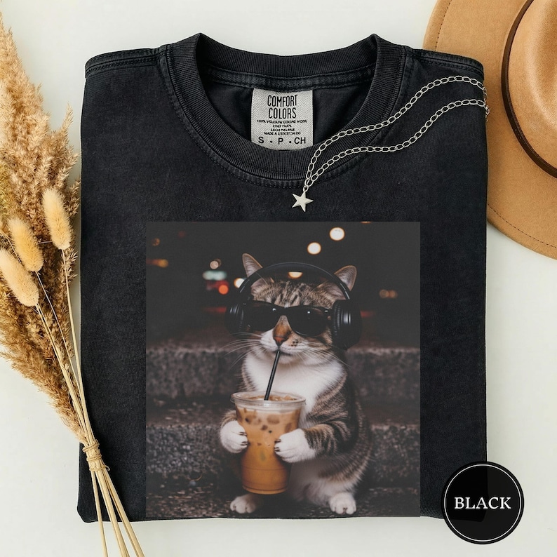 Funny Cat Drinking Iced Coffee Headphones Shirt, Cat Meme Graphic Tee ...
