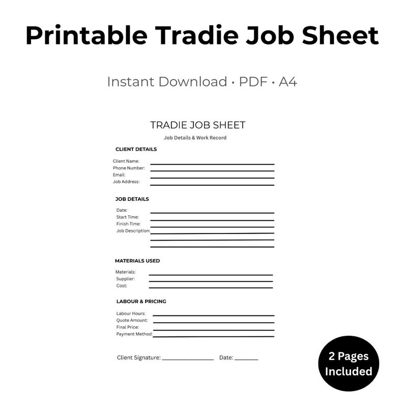 Printable Tradie Job Sheet | Contractor Work Order Template | Service ...