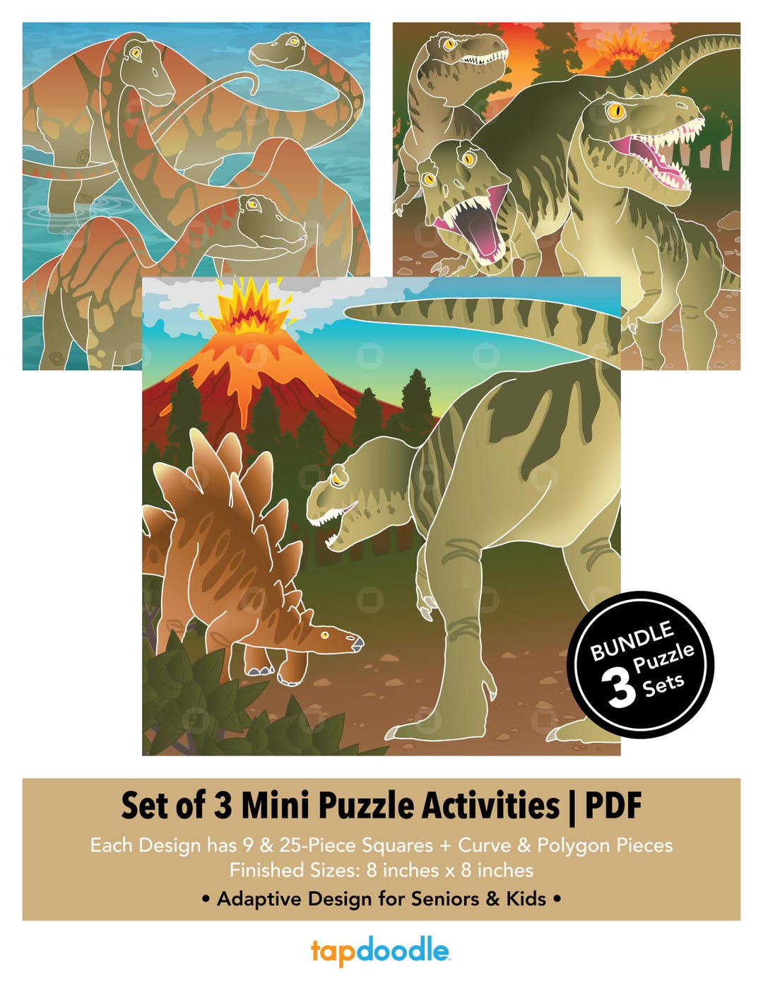 Set of 3 Printable Dinosaur Adaptive Mini Puzzles | Visual Travel ...