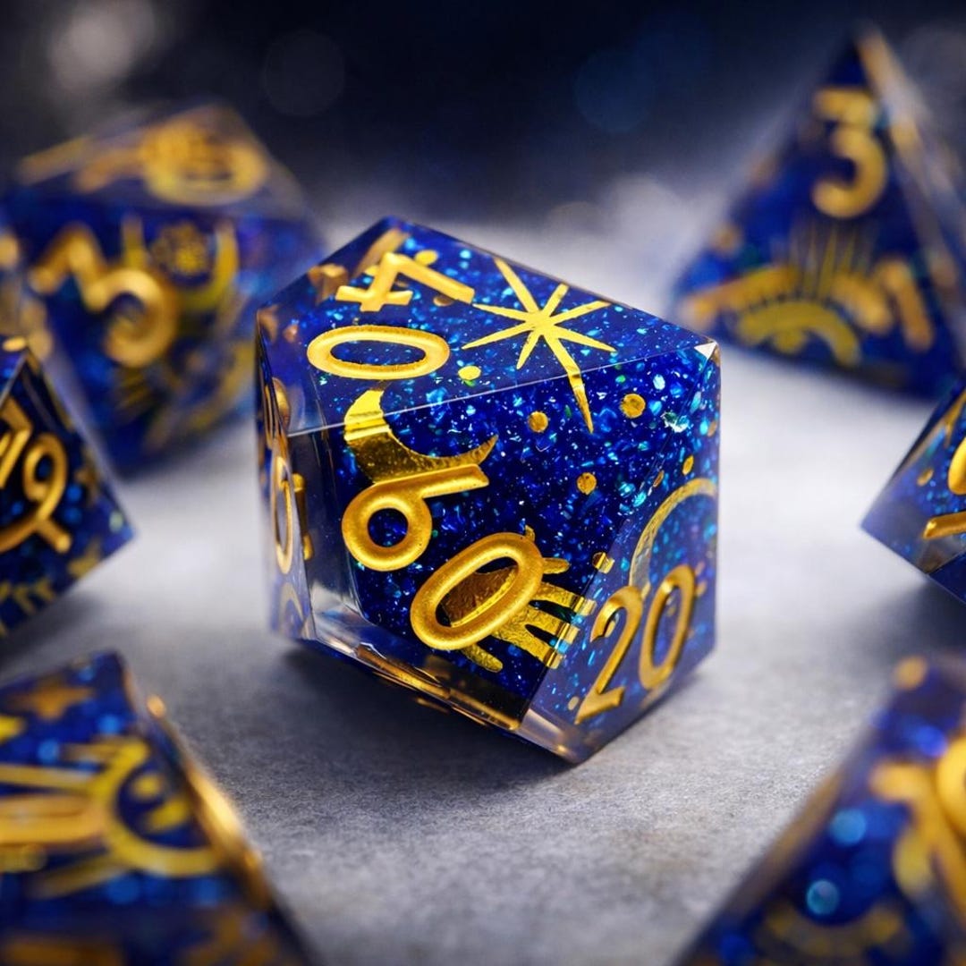Celestial Arcane, Handmade 7-piece Dice Set, Galaxy Blue & Gold Resin ...